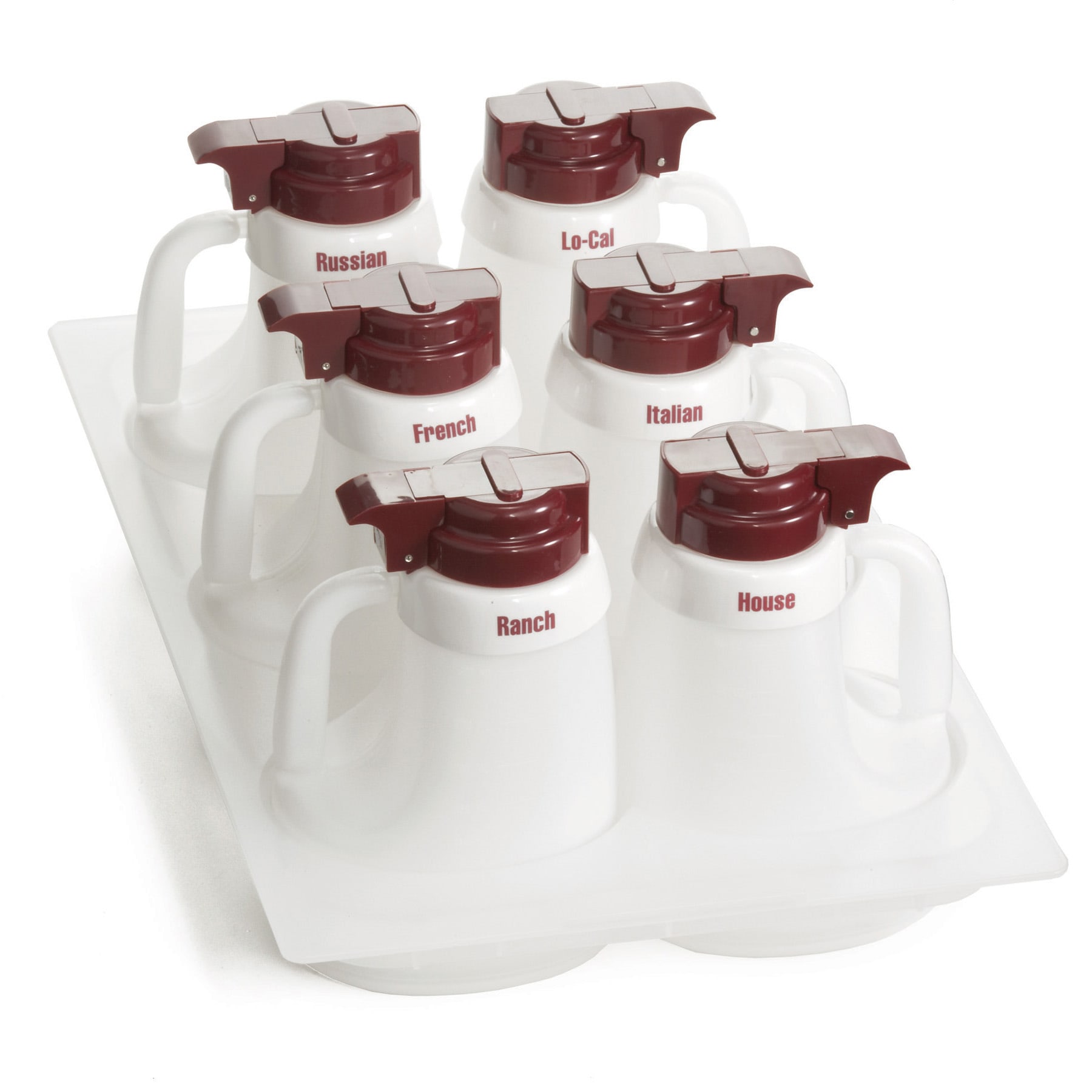 TableCraft 481 Salad Dressing Dispenser Set with Maroon Tops | Wasserstrom